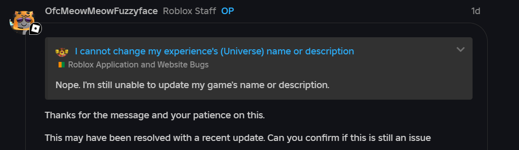 I cannot change my experience's (Universe) name or description - Roblox Application and Website ...