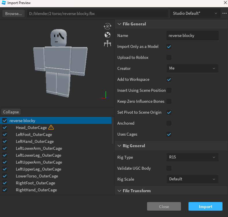 Problem with export .fbx rig from blender and then import to roblox ...