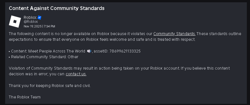 Game taken down for "Related Community Standard: Other", no other ...