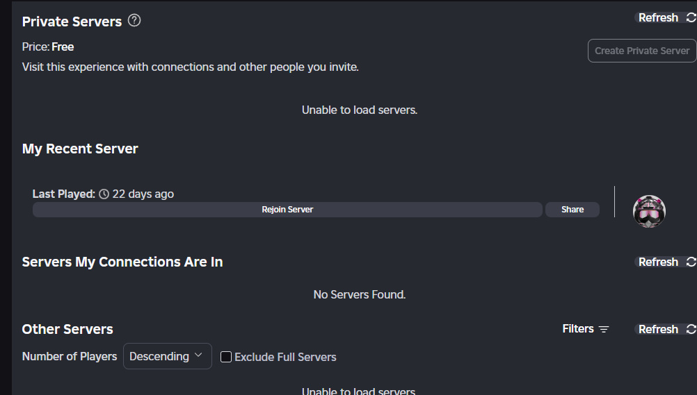Private Servers Won't show up in any game. - Roblox Application and ...