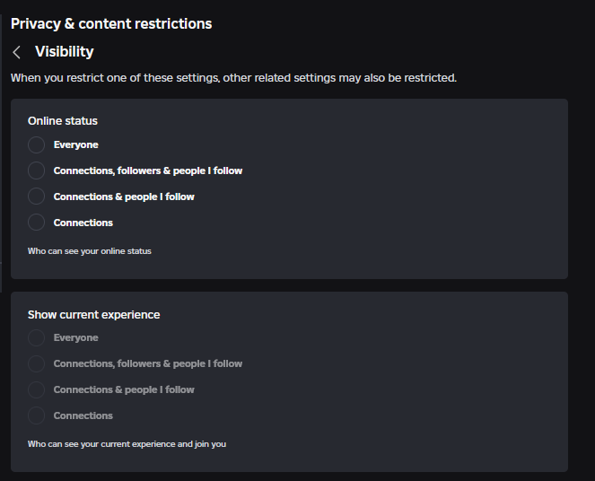"No one" option missing from "Privacy > Visibility & private servers ...