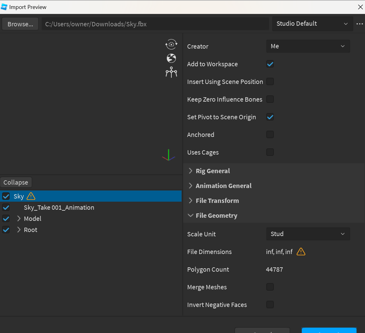 Issues With Infinate File Size When Importing A Fbx File From Import 3d Platform Usage