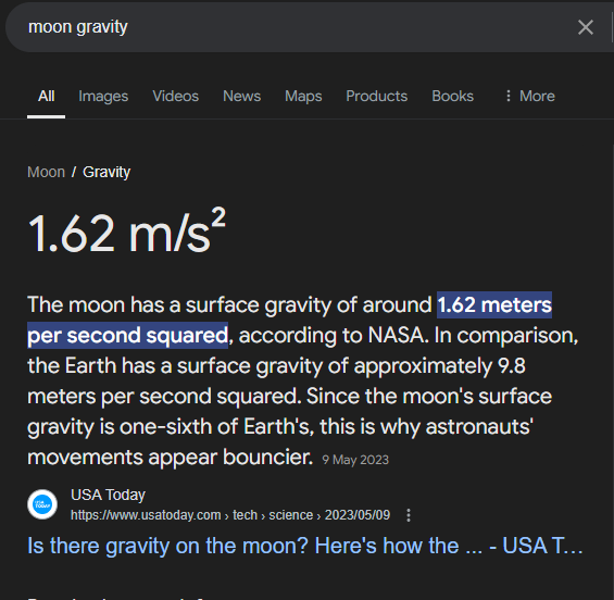 workspace.Gravity moon ratio question - Scripting Support - Developer Forum | Roblox