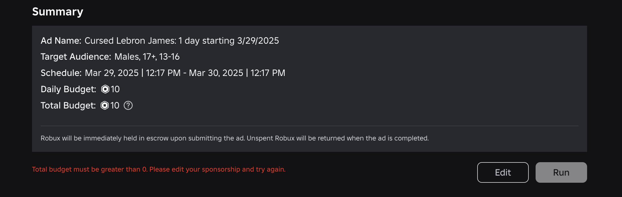 Sponsorship UGC error - Total must be greater than 0 - Roblox Application and Website Bugs ...