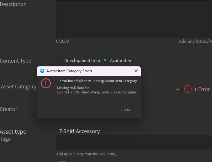 HSR Data Error When trying to upload UGC LC - Art Design Support - Developer Forum | Roblox
