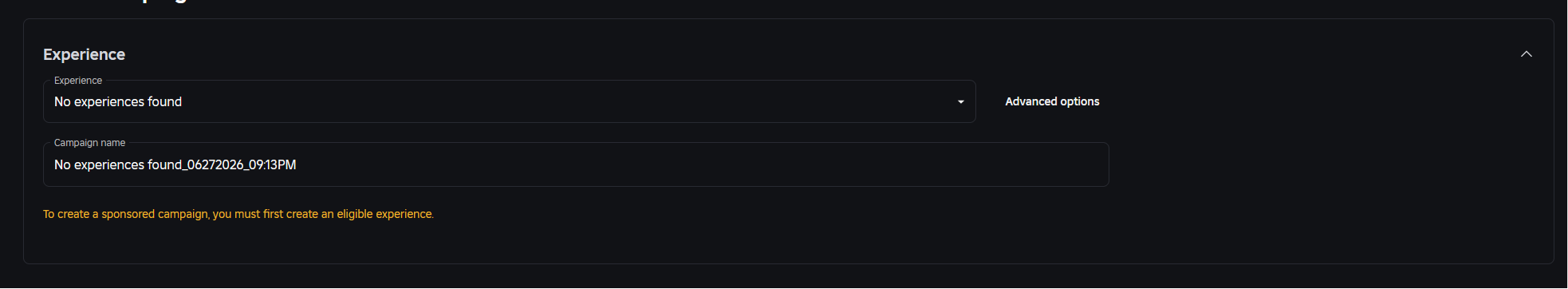Ads Manager showing no eligible experiences available - Creator Hub ...