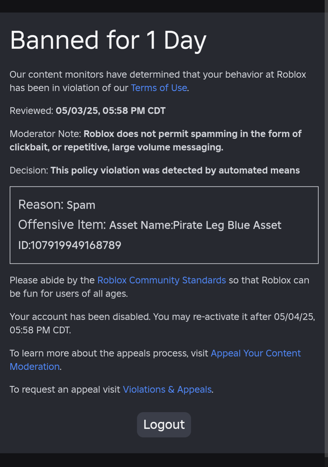 Violations & Appeals Portal doesn't show new moderation entries - Other ...