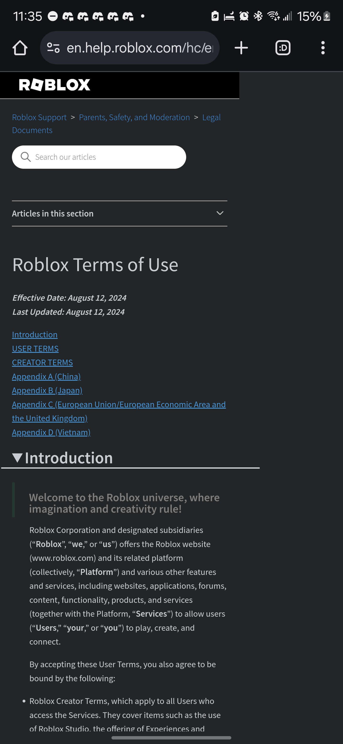 Roblox Terms of Use page overflows margins on Mobile website - Roblox ...