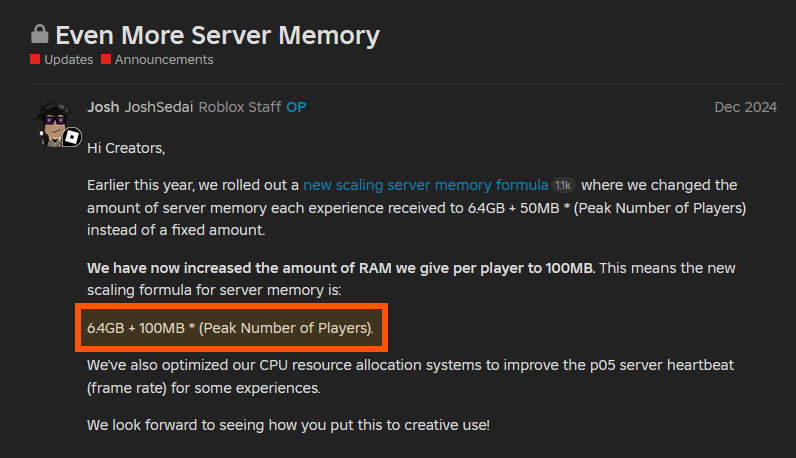 Server Memory Formula Inaccurate on Creator Docs - Documentation Issues - Developer Forum | Roblox