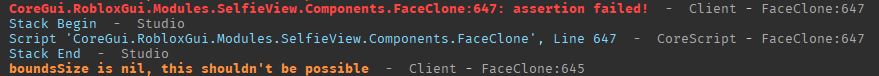 CoreGui - FaceClone "assertion failed!" error - Engine Bugs - Developer Forum | Roblox