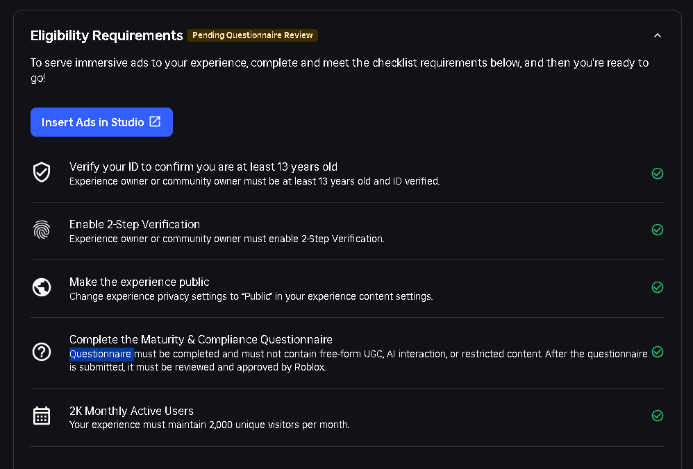 Pending Questionnaire Review Error - Other Bugs - Developer Forum | Roblox