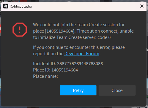 Timeout on connect – Team Create unable to initialize (Incident ID: 2373463560562753893 ...