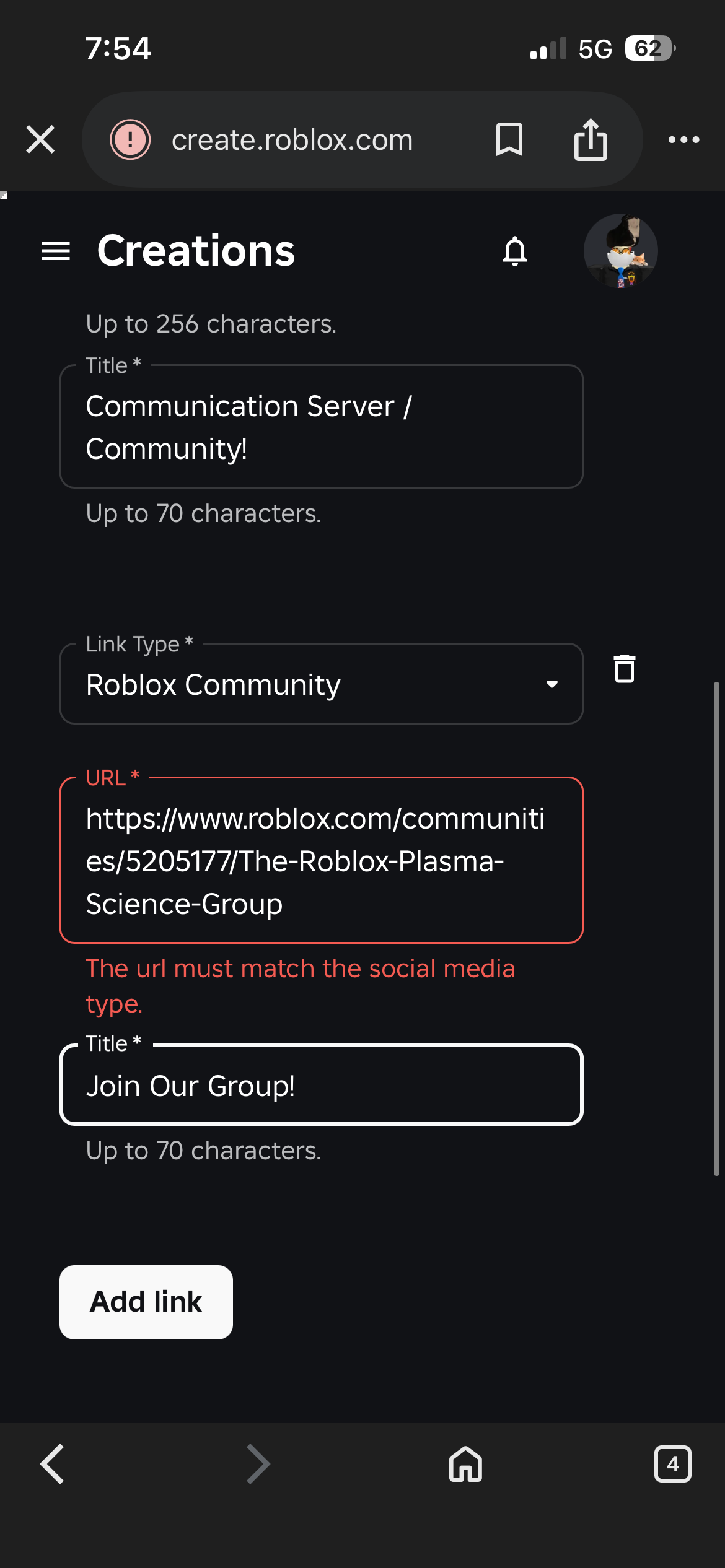Unable to add Roblox group to social links - Creator Hub (create.roblox ...