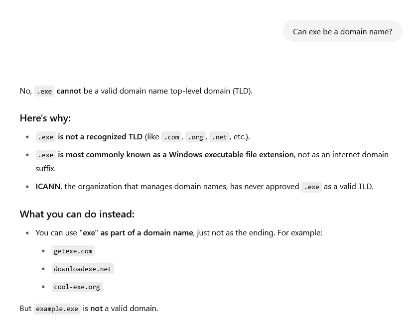 Moderation detects the word exe as a domain name when it never was and ...