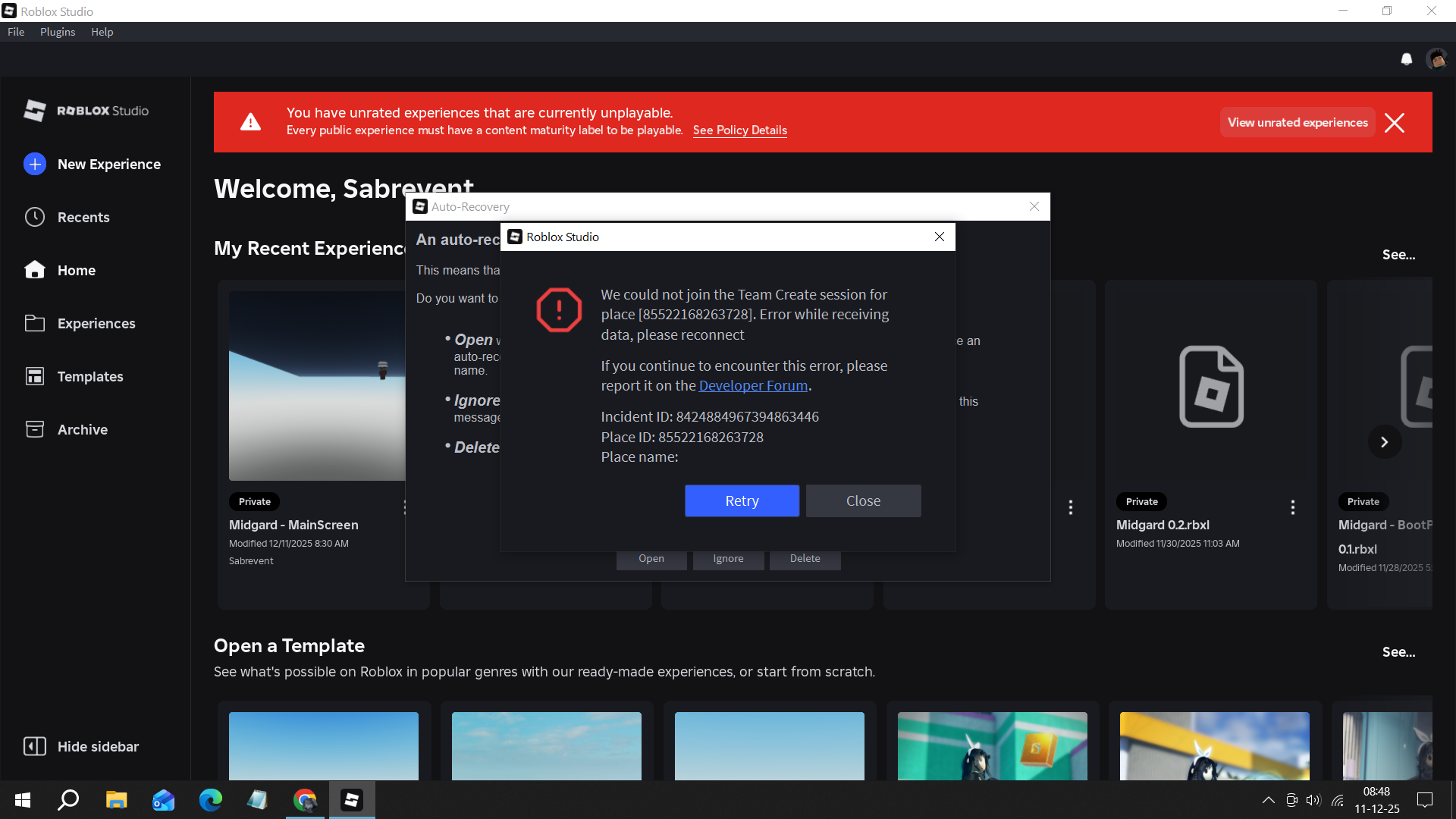 Unable to open a place / Team Create Session - Studio Bugs - Developer ...