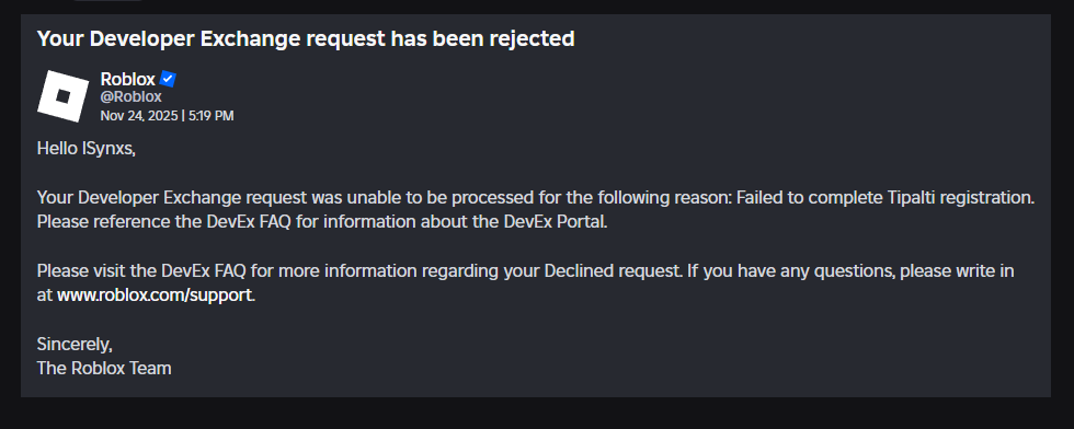 DevEx Request Keeps Getting Rejected for "Failed to complete Tipalti registration" - Platform ...