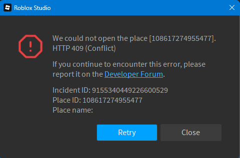 HTTP 409 [Conflict] - Error When Launching Place - Studio Bugs - Developer Forum | Roblox