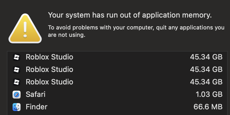 Studio uses 40+ GB of memory - Studio Bugs - Developer Forum | Roblox