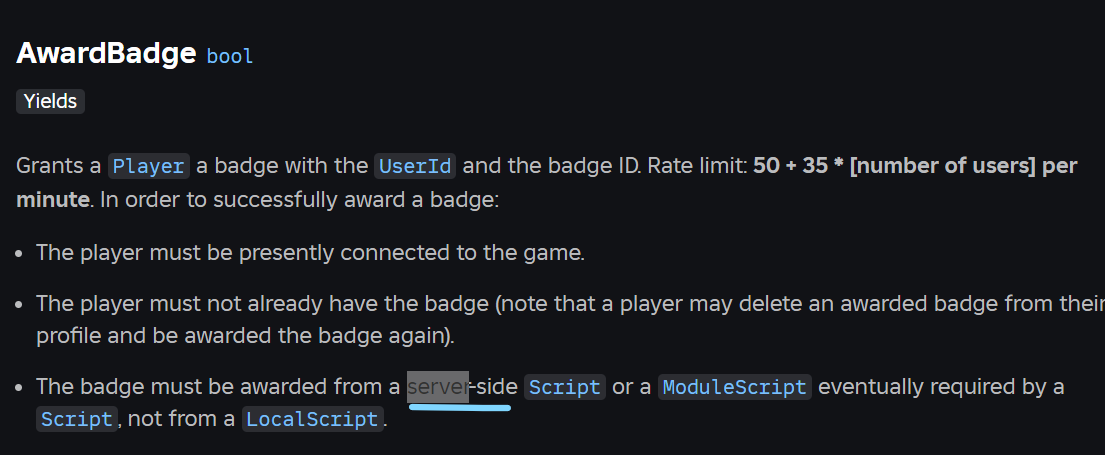 (Solved) Award badge error - Scripting Support - Developer Forum | Roblox