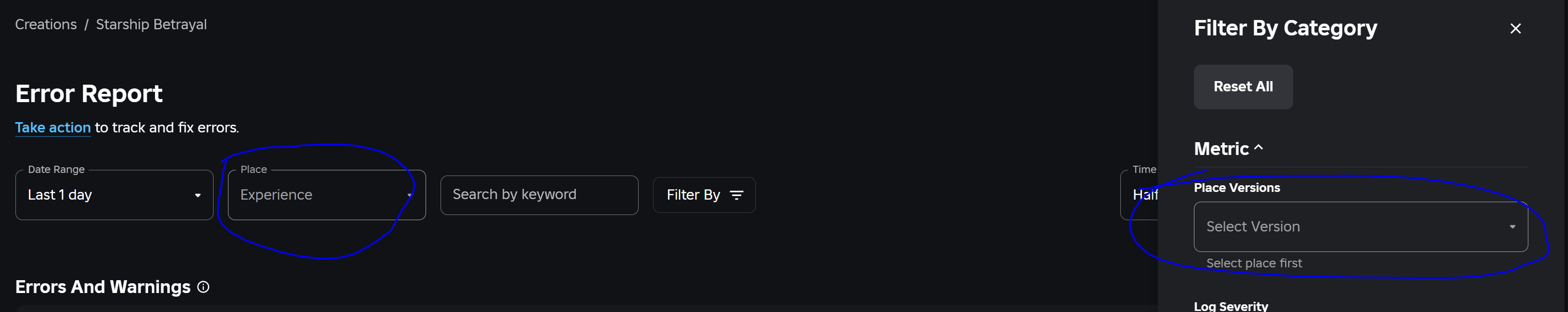 Can't select Place/Place Version filter in error reports - Creator Hub (create.roblox.com) Bugs ...