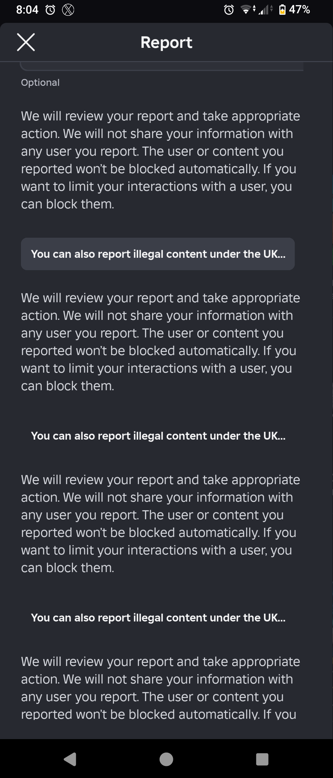 "Report illegal content" is spammed over and over in the report menu ...