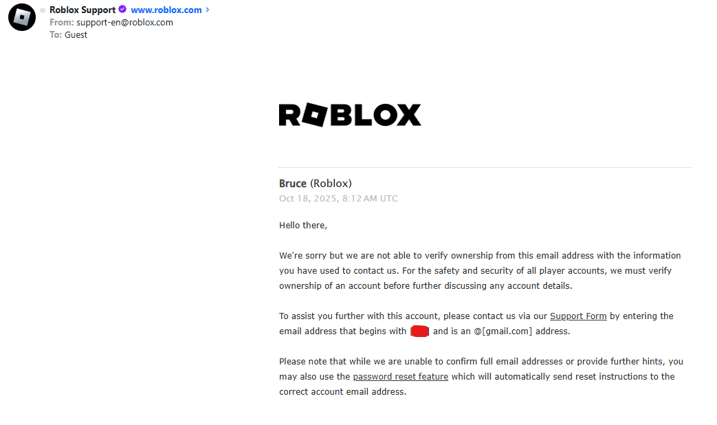 Roblox support asks me to contact them via an email that isn't ...
