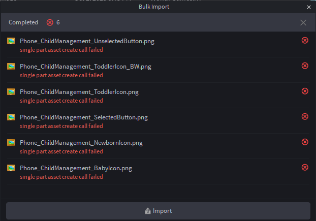 Repeated "single part asset create call failed" error - Studio Bugs ...