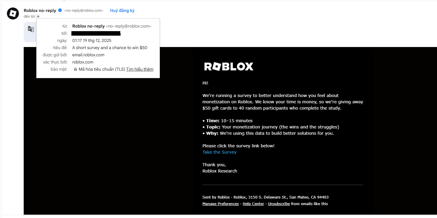 Is this a scam email? "A short survey and a chance to win $50" - Roblox ...