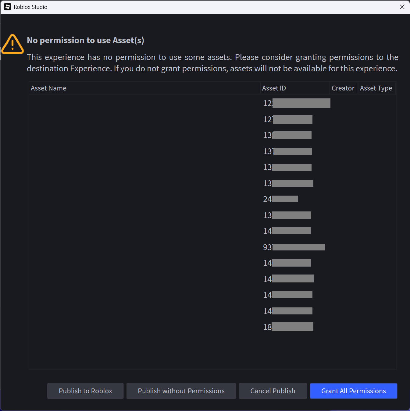 Unknown asset permission requests when publishing a game - Studio Bugs - Developer Forum | Roblox