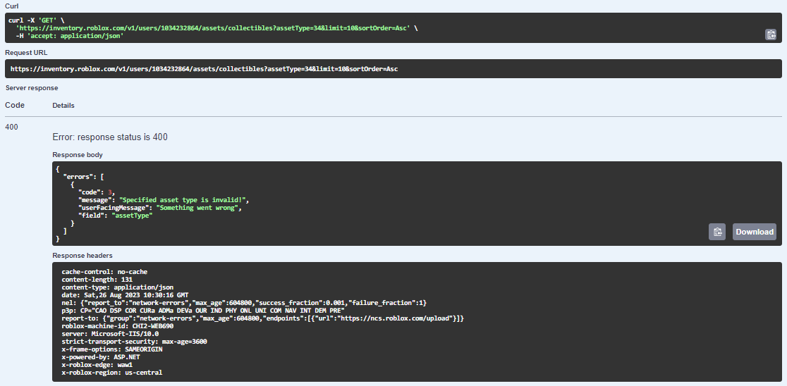 Is the Inventory API broken? (Asset Type ID invalid) - Scripting Support - Developer Forum | Roblox