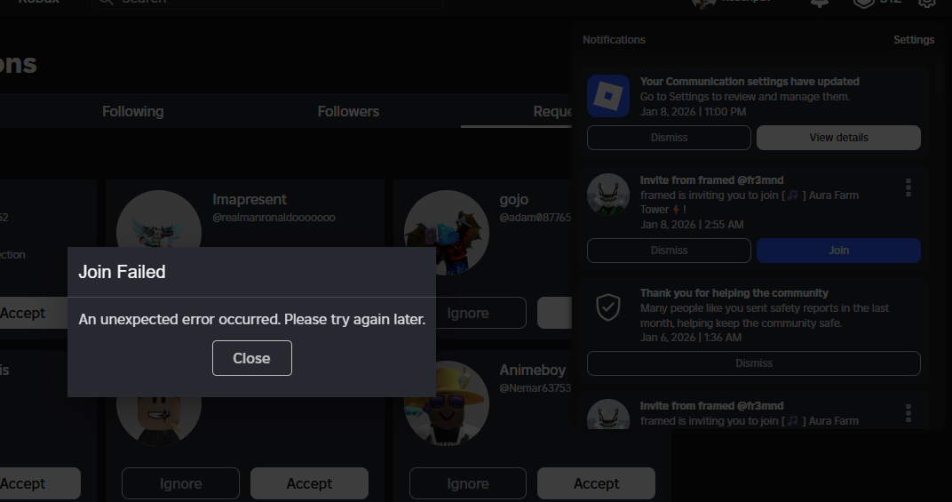Your communication settings have updated leading to Join failed error ...