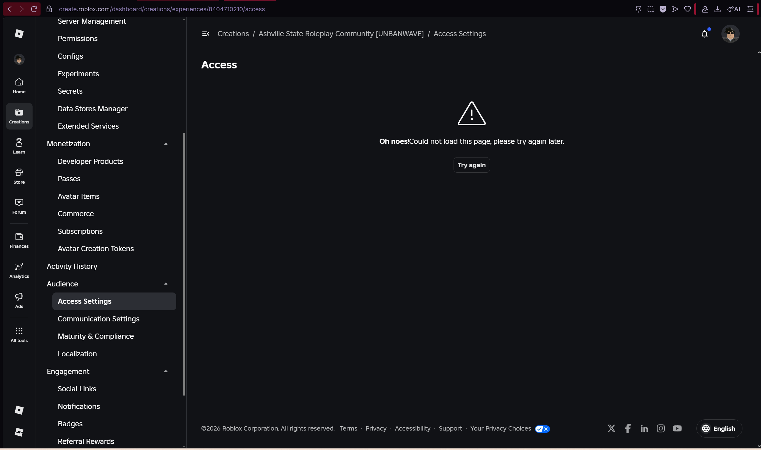 Access Configuration Issue - Creator Hub (create.roblox.com) Bugs ...