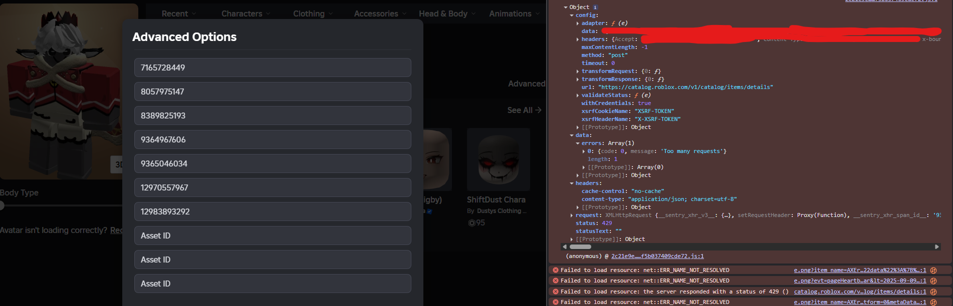Avatar creator ratelimits if using too many assetID's of the same type ...