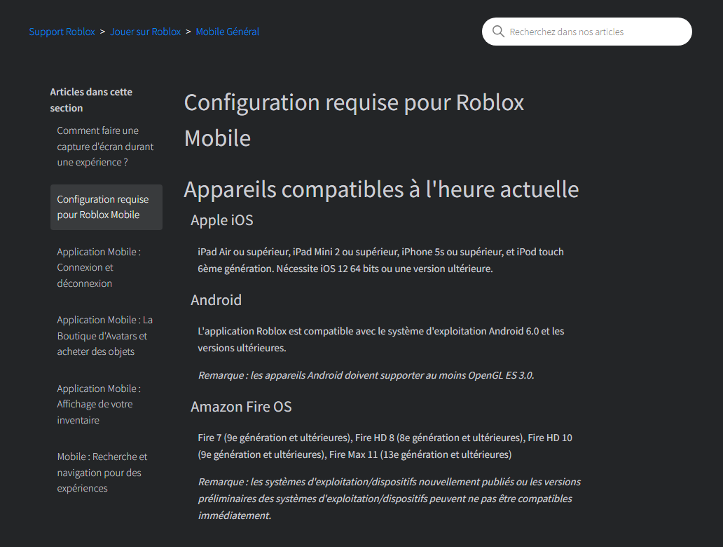 Viewing mobile requirements on minimum specs help article changes ...