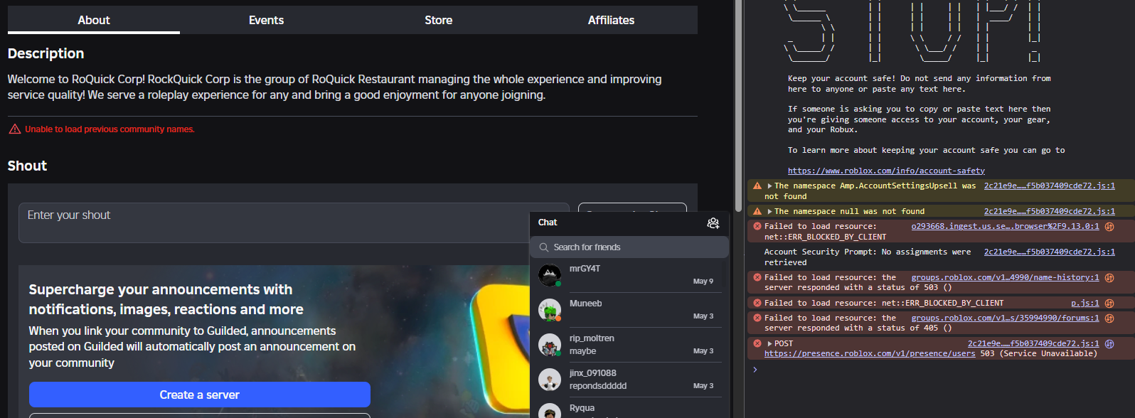 New groups encounter a unable to load previous communitys names error - Roblox Application and ...