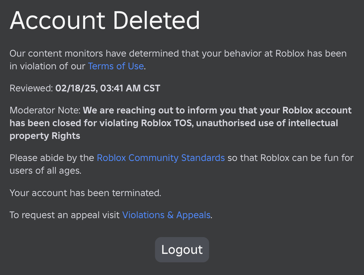 Mysterious IP Violation - Platform Usage Support - Developer Forum | Roblox