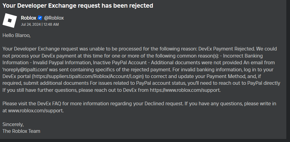 Roblox Devex support blocked my tipalti account and stopped responding to my e-mails - Platform ...