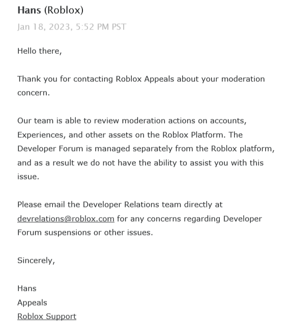 No way to appeal? - Forum Features - Developer Forum | Roblox