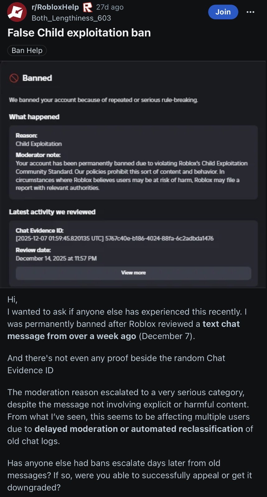 Roblox moderation bugs banning/terminating accounts without proper ...