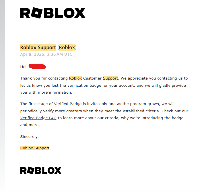 Verified Badge re-grants are not possible using Roblox Support, but ...