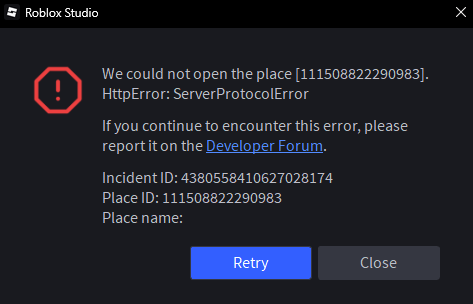 HttpError: ServerProtocolError - Studio Bugs - Developer Forum | Roblox