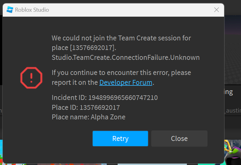 Cannot connect to group team create places - Studio.TeamCreate.ConnectionFailure.Unknown ...