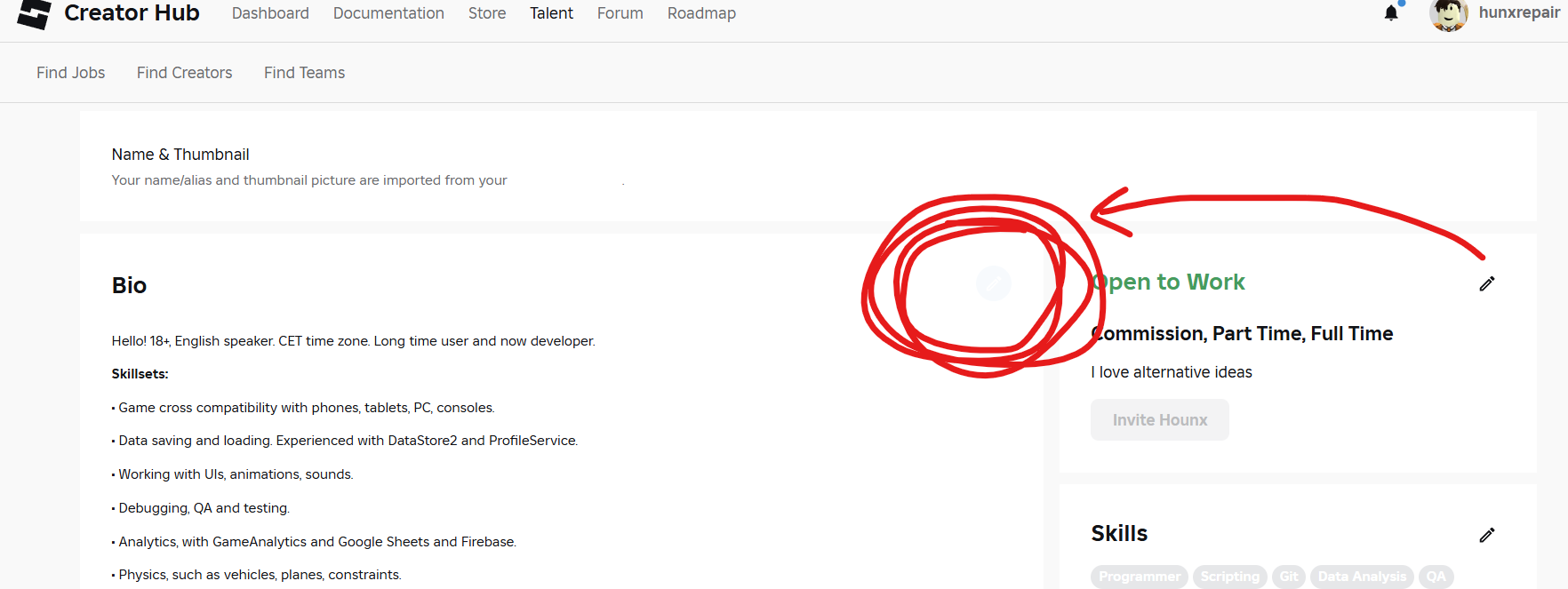 In the normal Light mode, the edit pencil icon for bios is invisible on the "Creator Page ...